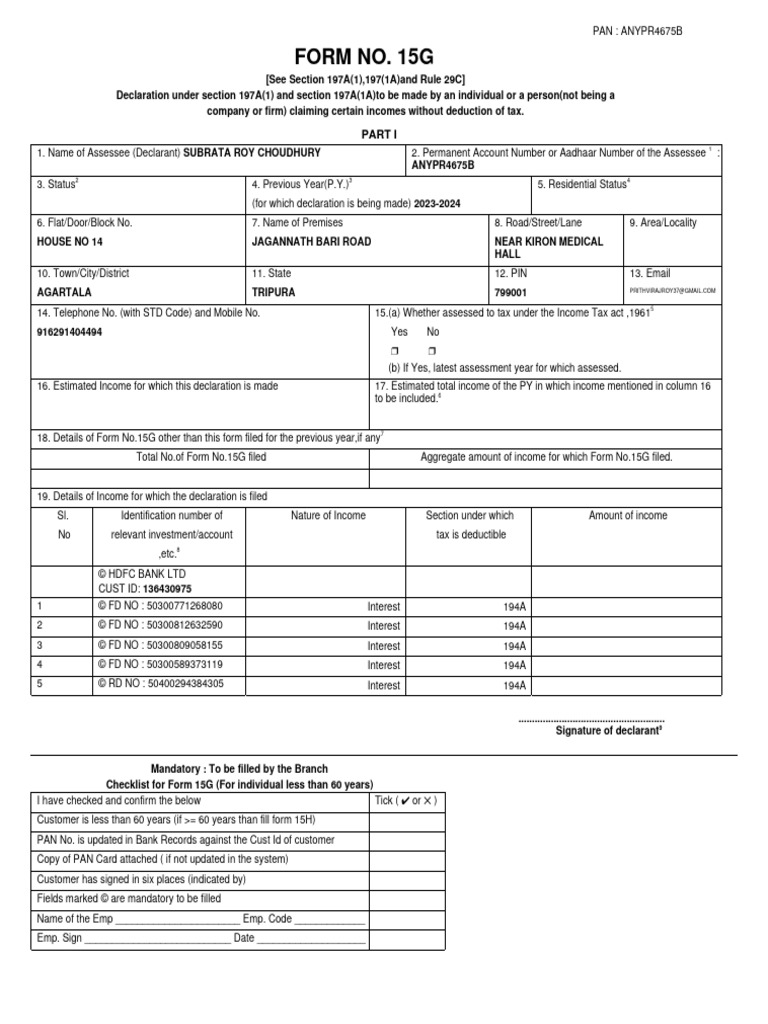 15 G Form (Pre-Filled) | PDF | Income Tax | Fine (Penalty)