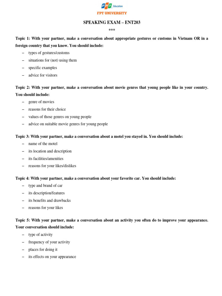 Speaking Exam Topics for ENT203 | PDF | Human Communication
