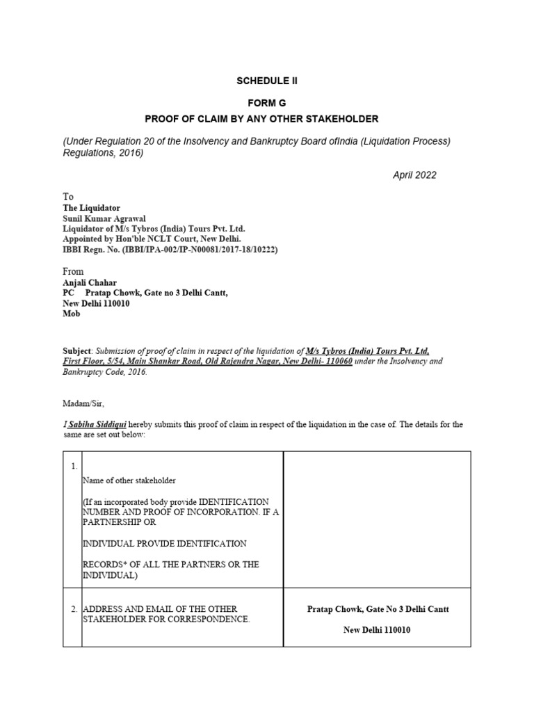 NCLT Form G | Download Free PDF | Bankruptcy | Corporations