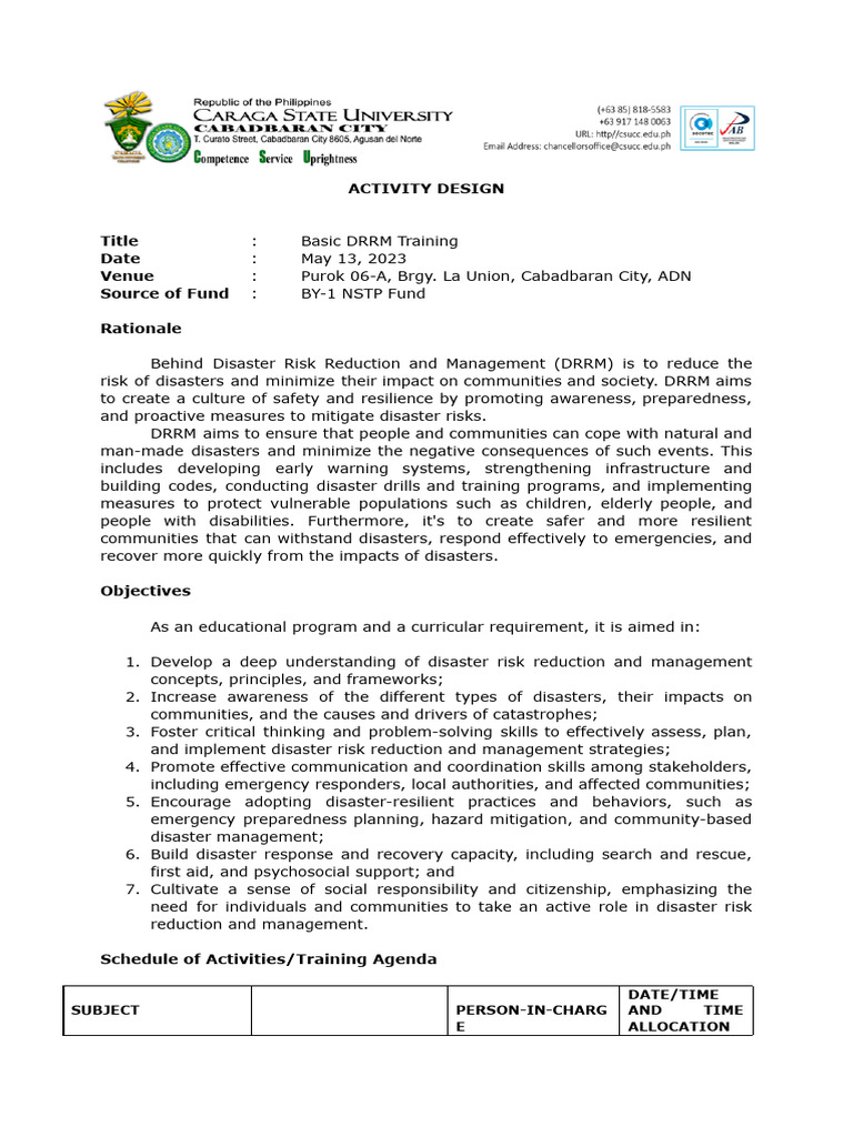 NSTP - Activity Design DRRR Training | PDF | Disaster Risk Reduction ...