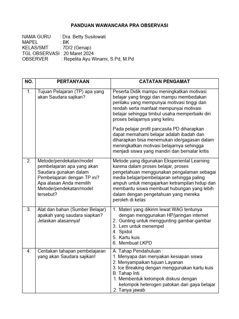 Panduan Wawancara Pra Observasi | PDF