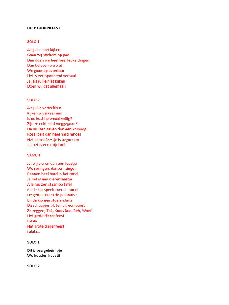 Tekst Lied Dierenfeest | PDF