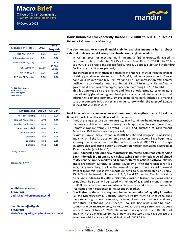 Macro Brief (Oct-23 Bi7drrr) - Oce Bmri | PDF | Inflation | Indonesian Rupiah