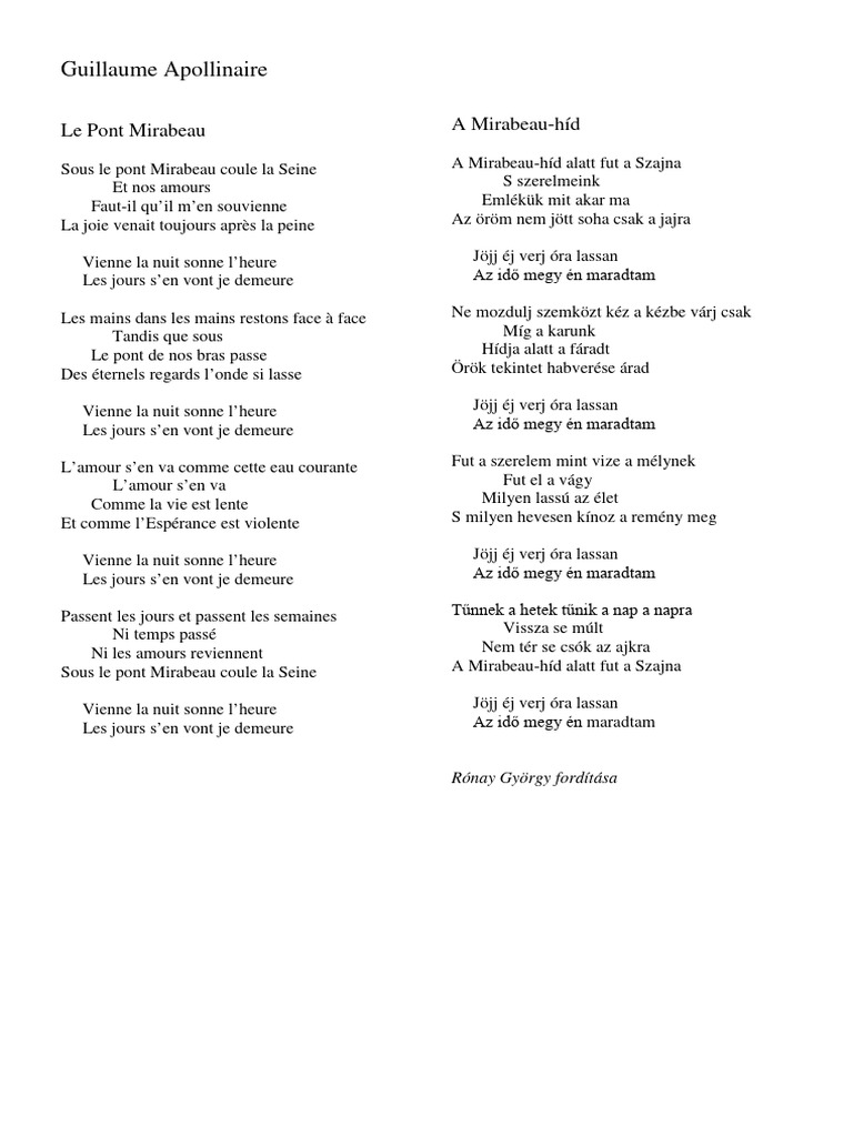 Guillaume Apollinaire - Le Pont Mirabeau (1913) - A Mirabeau-Híd | PDF