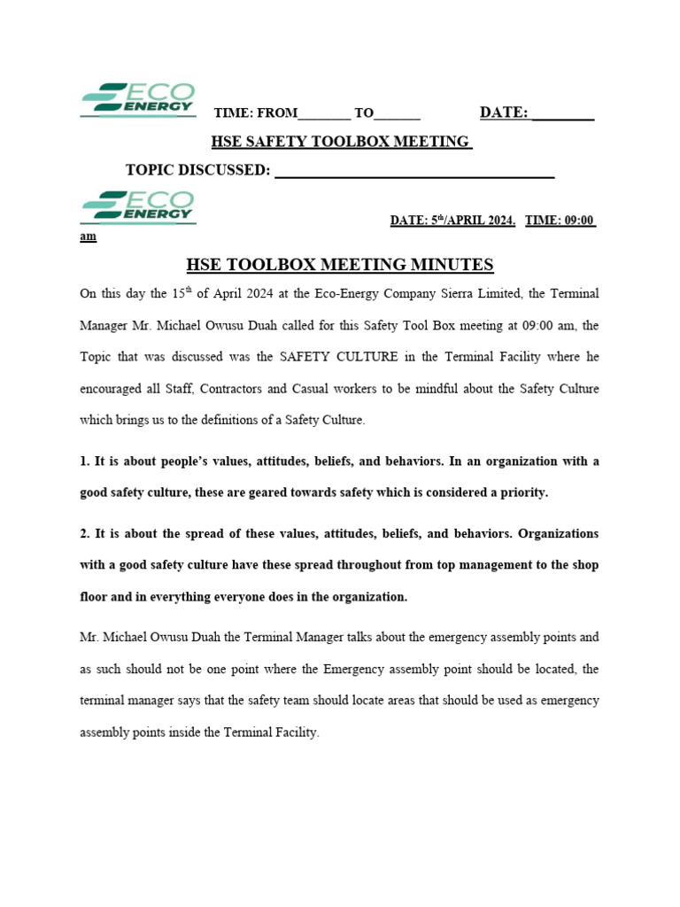 1ST Tool Box Meeting Safety Culture | PDF