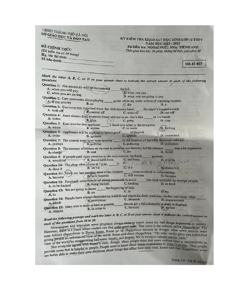 de-thi-tieng-anh-HN-2023 | PDF