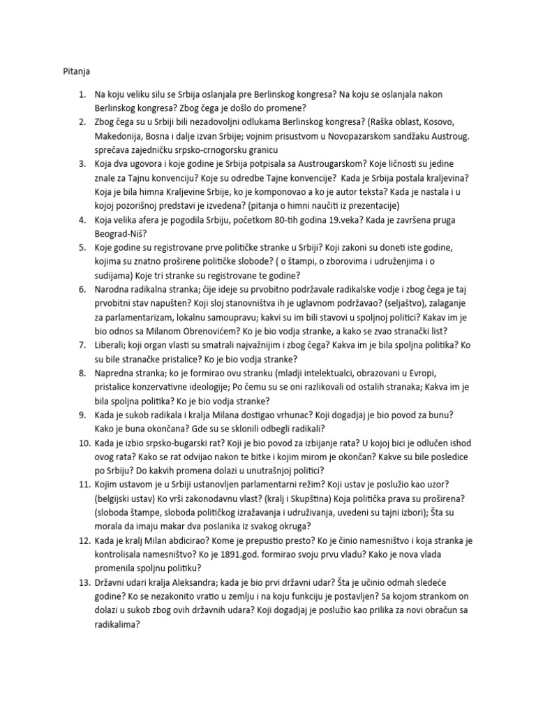 Evropa I Srbija Krajem 19. I Poc48detkom 20.veka Pitanja | PDF