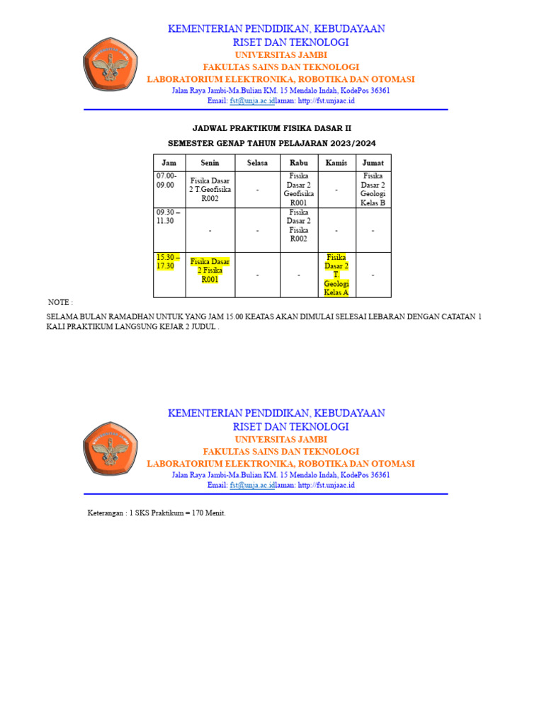 Jadwal Praktikum Fisika Genap 2023 2024 | PDF