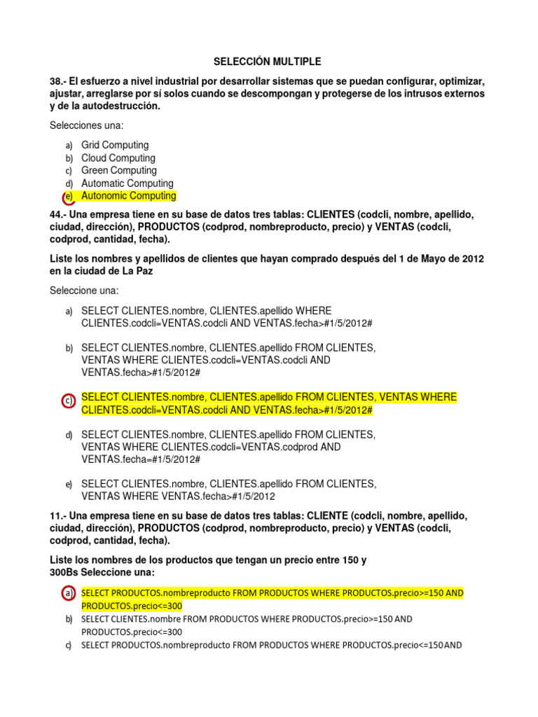 SELECCIÓN MULTIPLE examen final | PDF | SQL | Informática SELECCIÓN MULTIPLE examen final | PDF | SQL | Informática