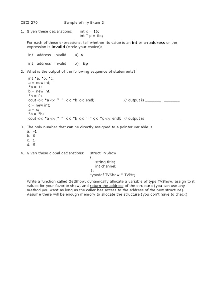 Sample Exam 2 Pointers Dynamic Memory Linked Lists - Csci 270 | PDF | C (Programming Language ...