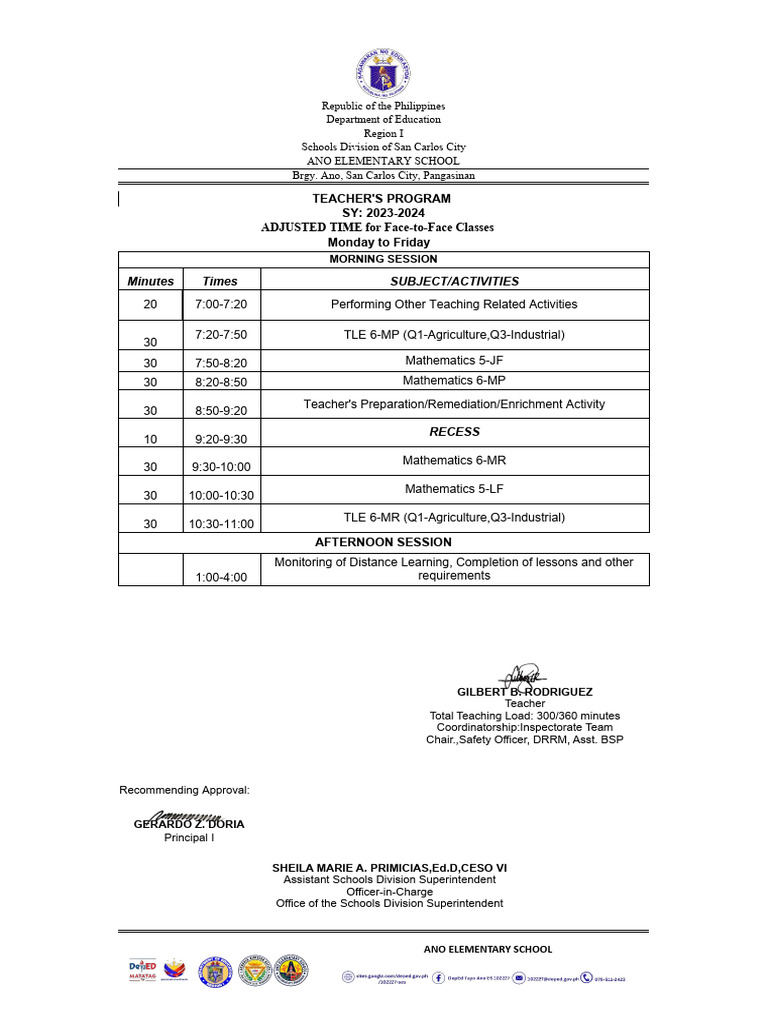 Shortened Time Class Program-Margie and Gilbert | PDF | Teaching ...