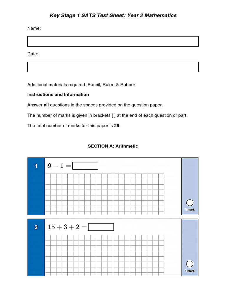 Key Stage 1 SATS Test Sheet - Year 2 Mathematics | PDF | Mathematics