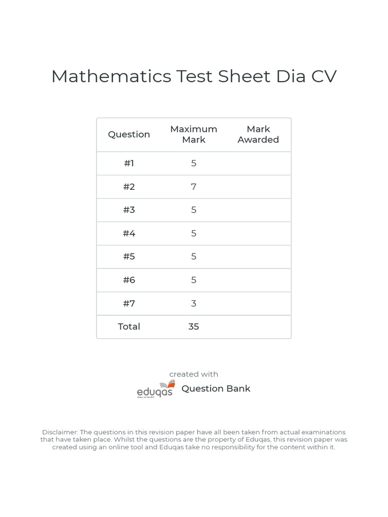 Mathematics Test Sheet Dia CV | PDF