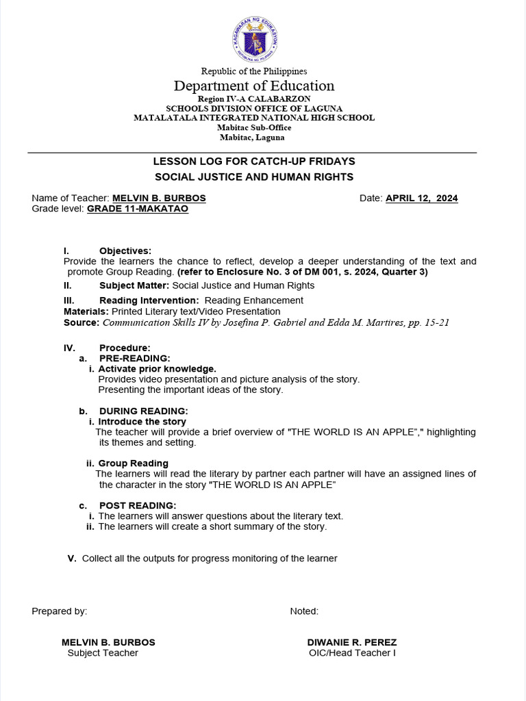 Lesson Log: Social Justice & Human Rights | PDF | Learning | Liberal Arts Education