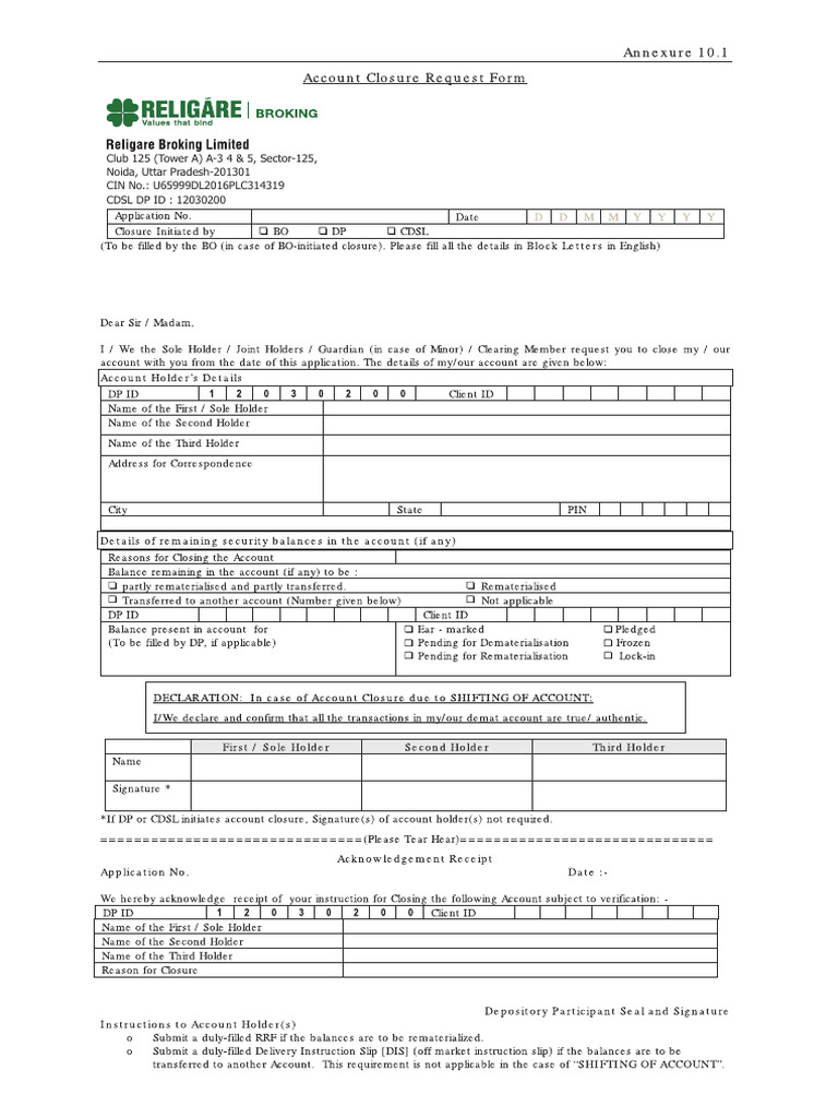 Religare CDSL Account Closure Form | PDF