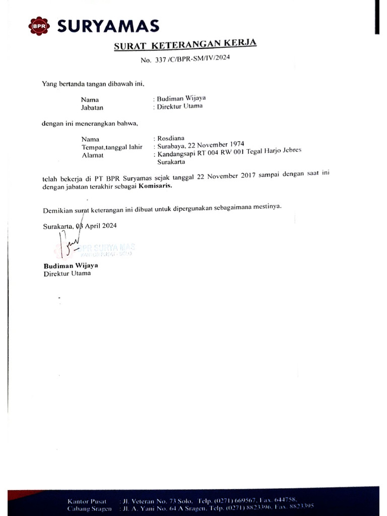 Surat Keterangan Kerja PT. Surya Mas | PDF