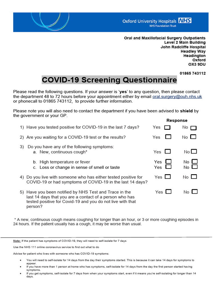 COVID 19 Screening questionnaire OUH | PDF | Causes Of Death | Health Care