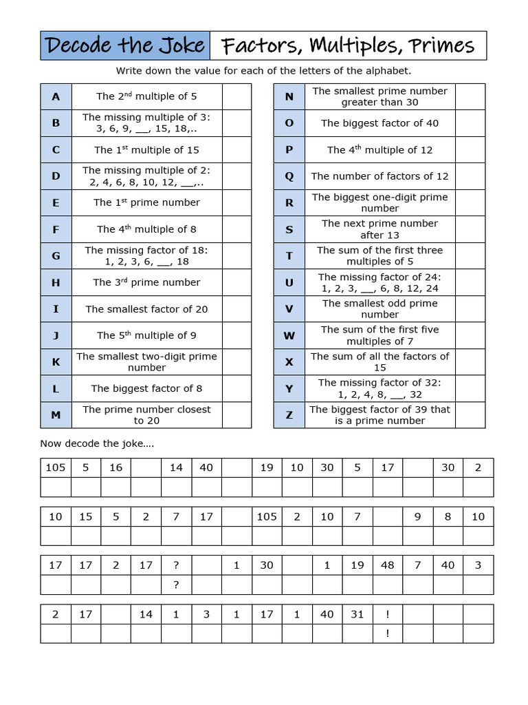 Starter - Factors Multiples and Primes Decode The Joke | PDF | Prime ...