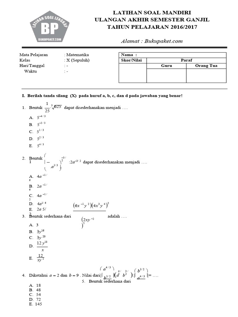 Latihan Soal UAS Matematika Kelas 10 Sem | PDF