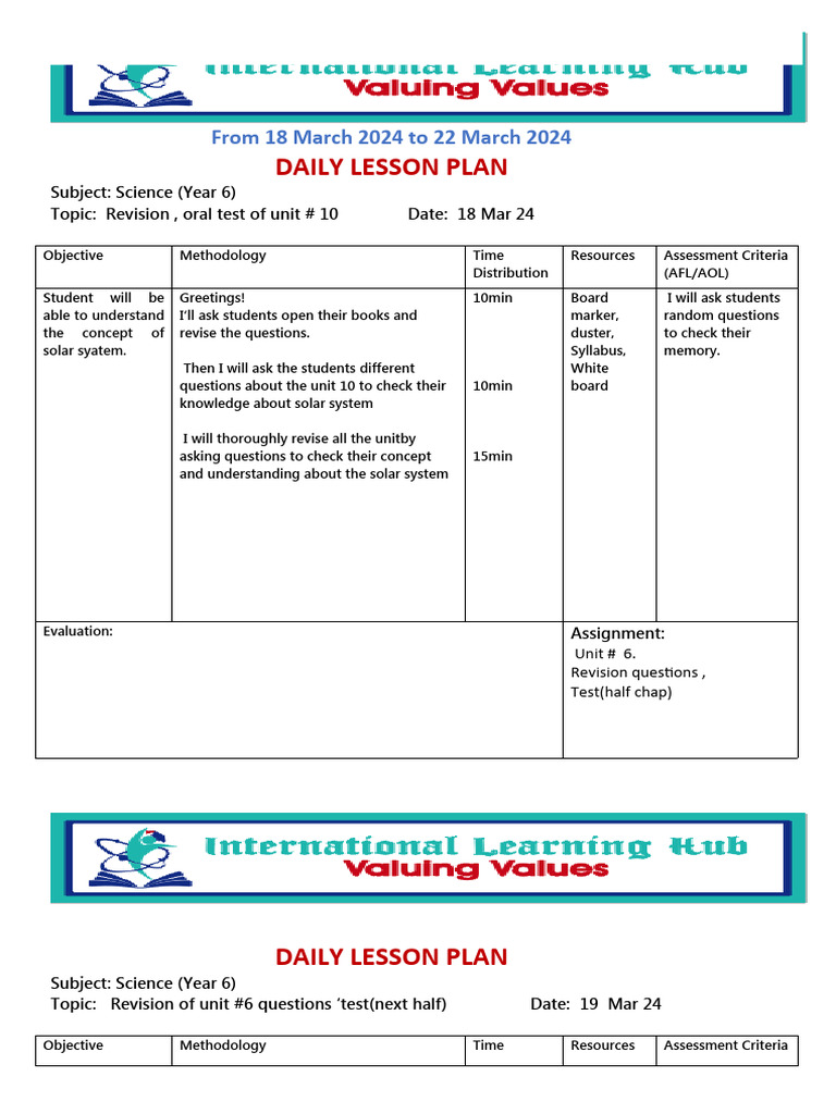 Year 6 Science Revision Lesson Plans | PDF | Lesson Plan | Methodology
