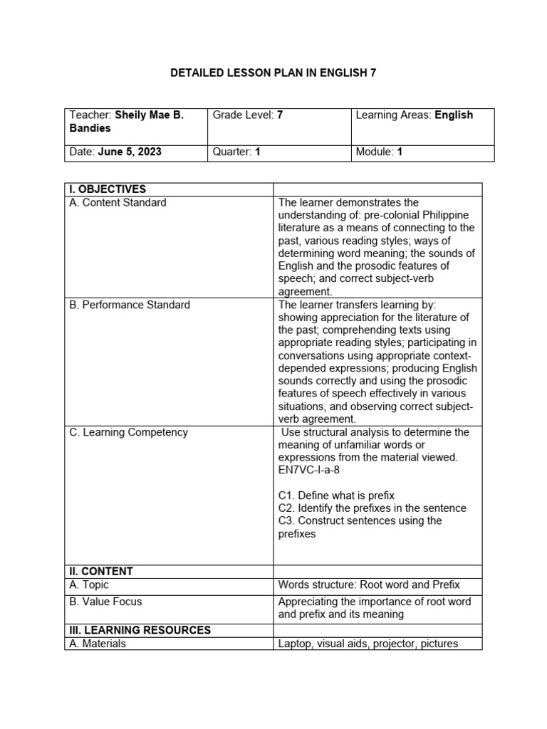 DETAILED LESSON PLAN IN ENGLISH | PDF | Learning | English Language