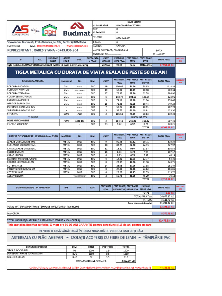 Costuri Acoperiș și Produse Dedeman | PDF