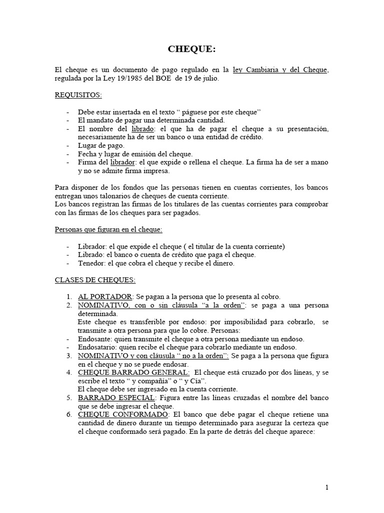 Tipos y requisitos del cheque bancario | PDF | Cheque | Bancario