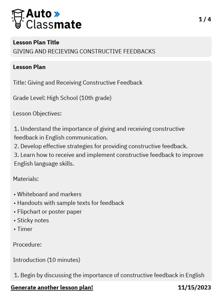Constructive Feedback Lesson Plan | PDF | Lesson Plan | Learning