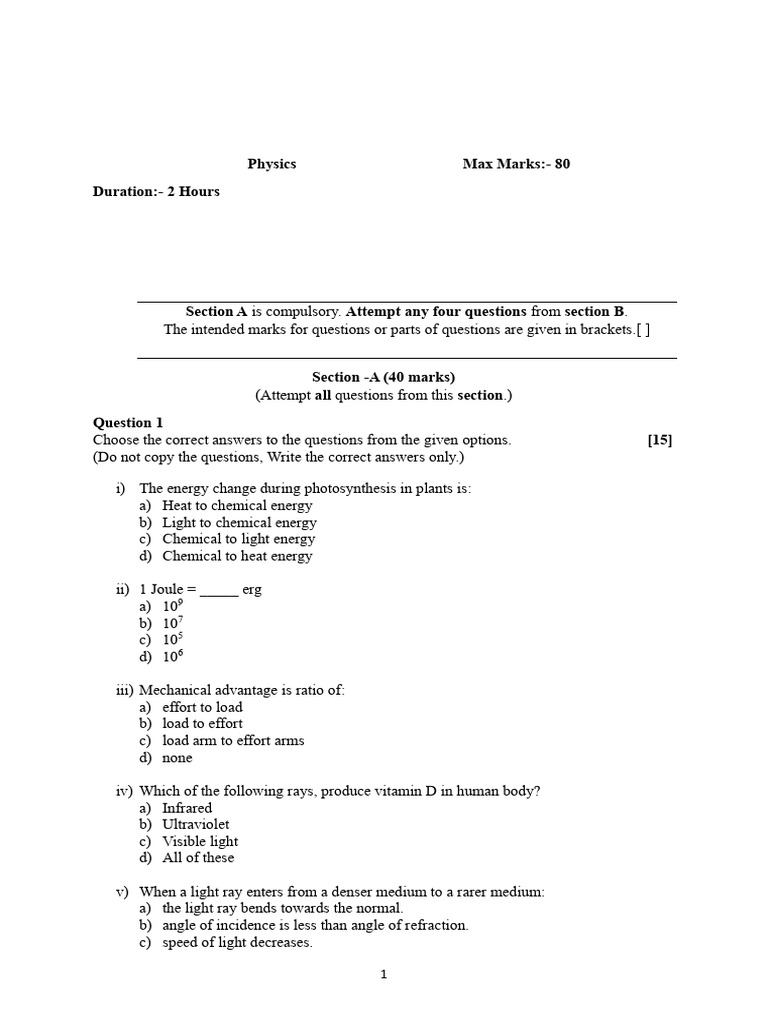 Mock Paper 1 | Download Free PDF | Light | Refraction