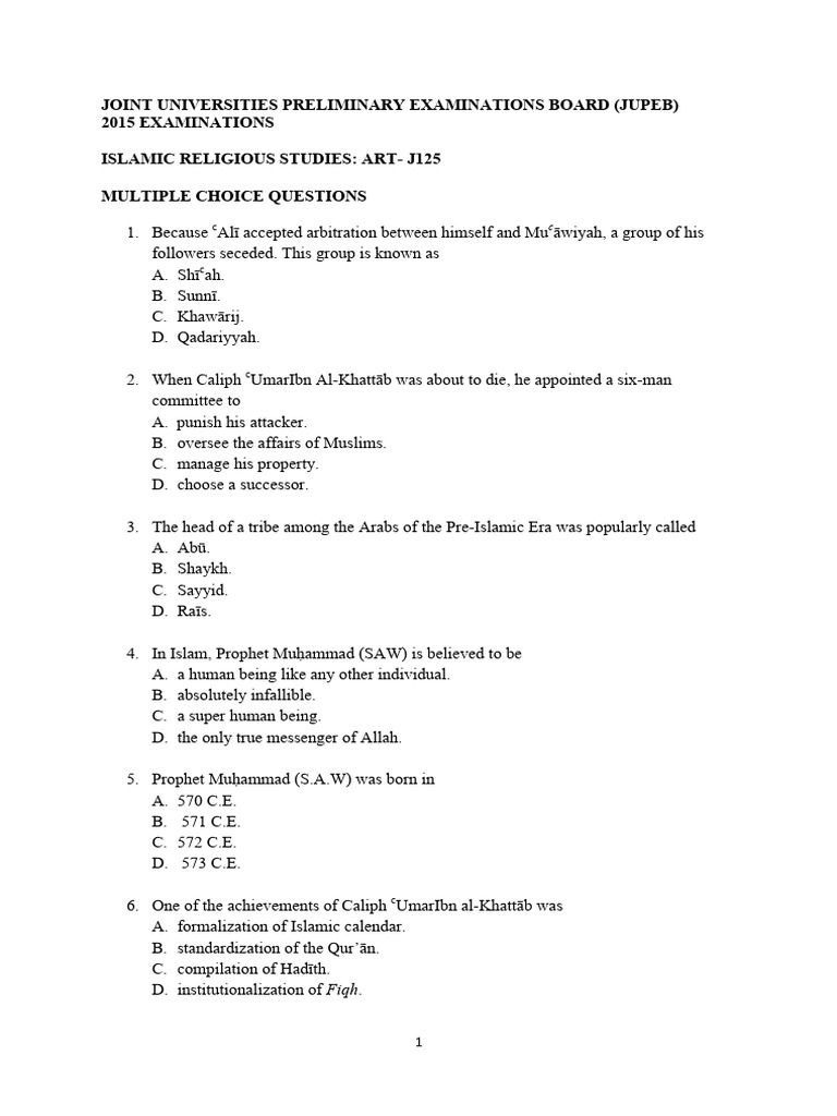 JUPEB Islamic Studies Exam Questions | PDF | Hadith | Muhammad