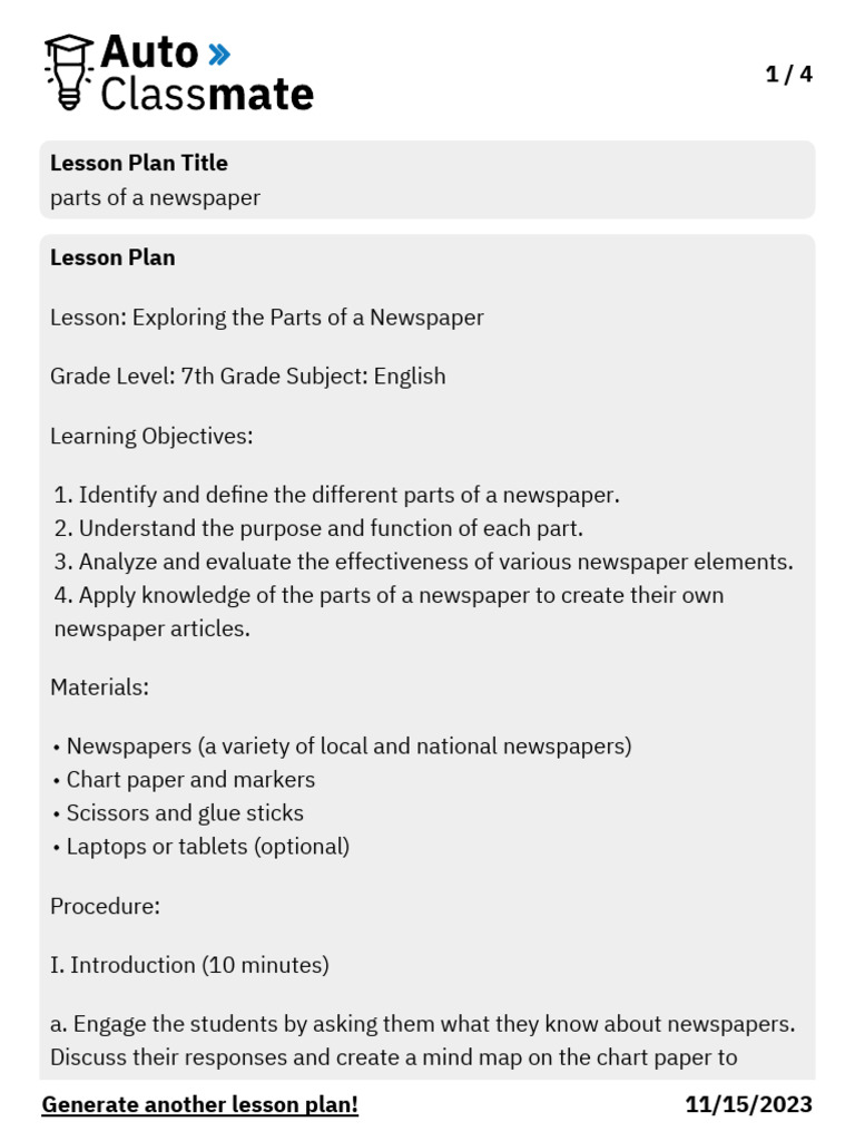 parts of a newspaper lesson plan | PDF | Lesson Plan | Newspapers