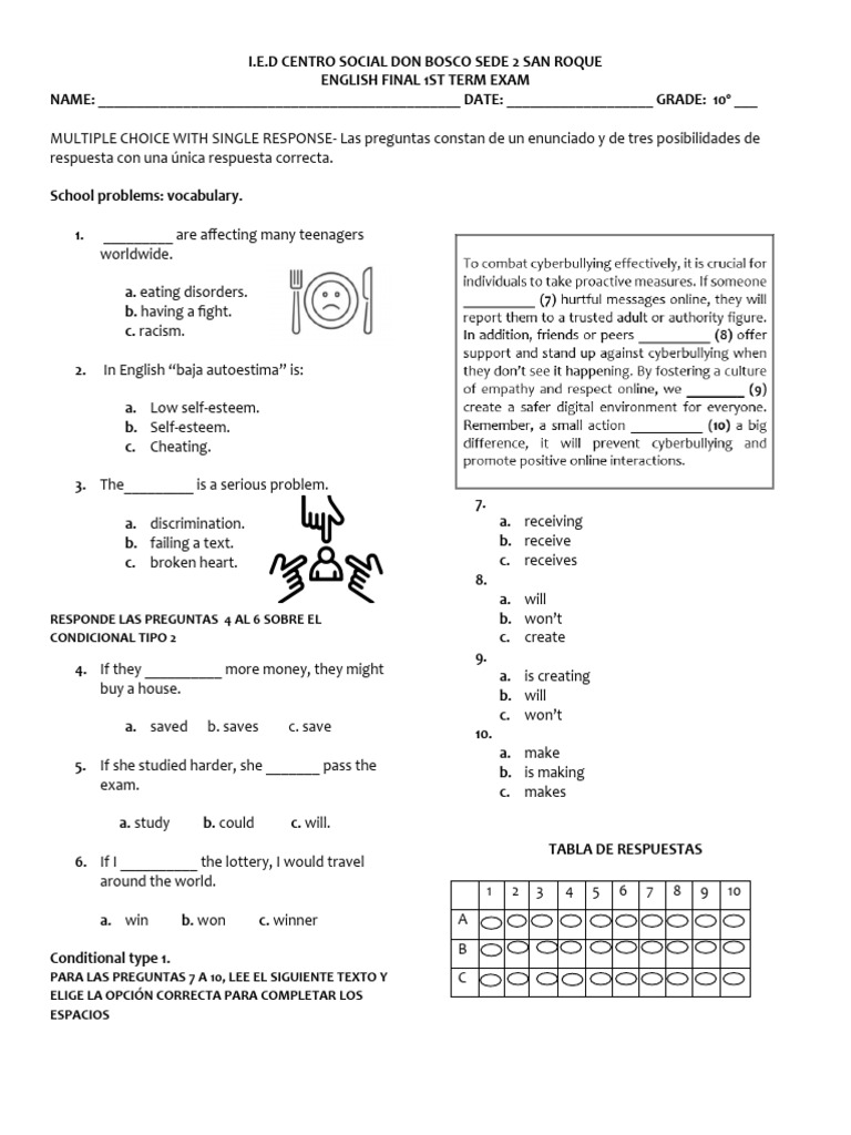 English Final Exam - 1º Periodo - 10º | PDF