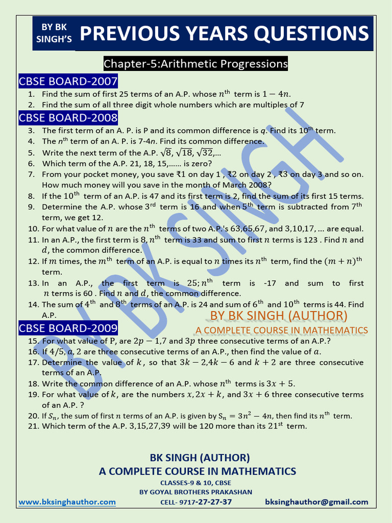 CH-5, Arithmetic Progressions-Final | Download Free PDF | Arithmetic | Elementary Mathematics