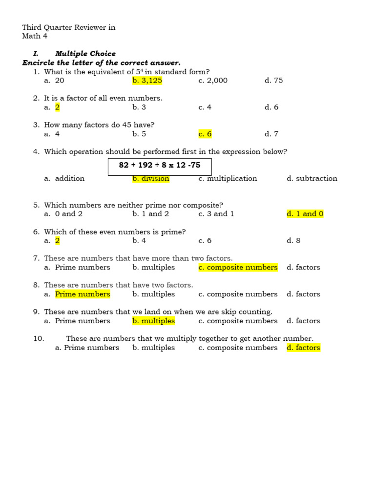 Third Quarter Review Answer Key | PDF | Multiplication | Prime Number