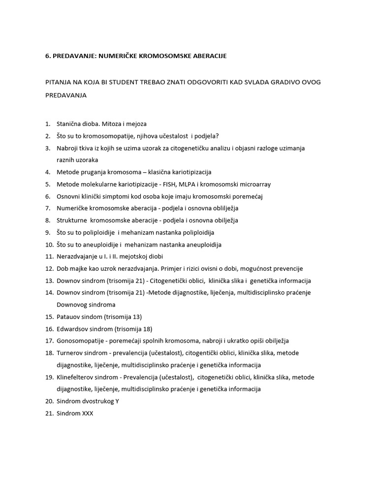 Predavanja Numeričke Kromosomske Aberacije Pitanja | PDF