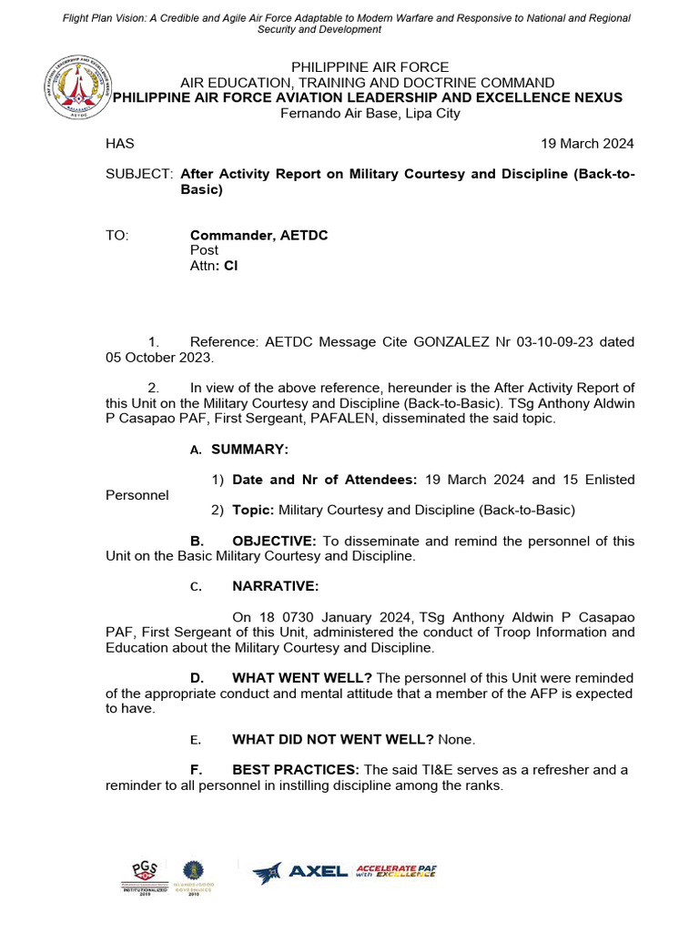 AAR On Military Courtesy Discipline 1st Quarter 2024 | PDF | Defense ...