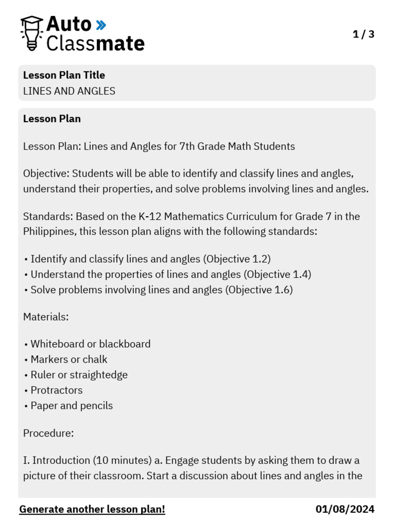Lesson Plan Lines and Angles | PDF | Lesson Plan | Angle