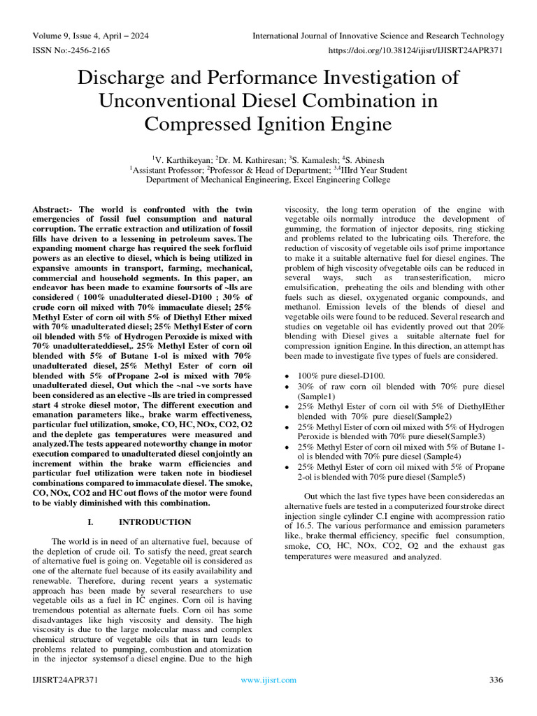 Discharge and Performance Investigation of Unconventional Diesel ...