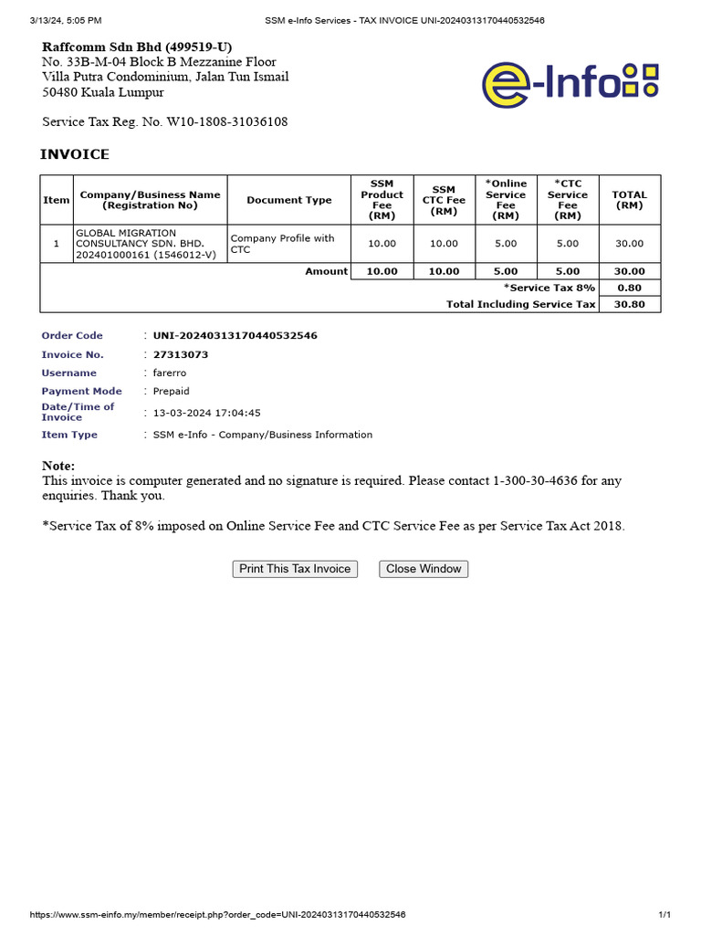 SSM e-Info Service Tax Invoice | PDF