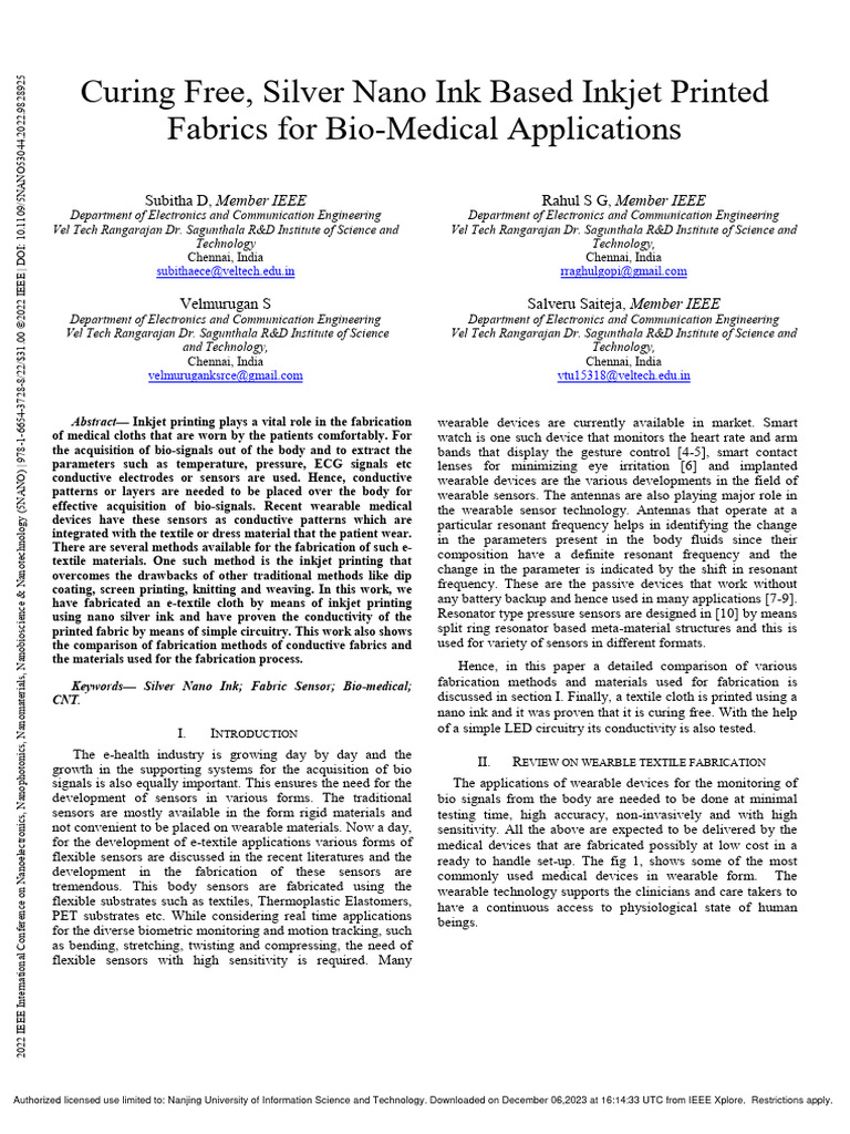 Curing Free Silver Nano Ink Based Inkjet Printed Fabrics For Bio ...