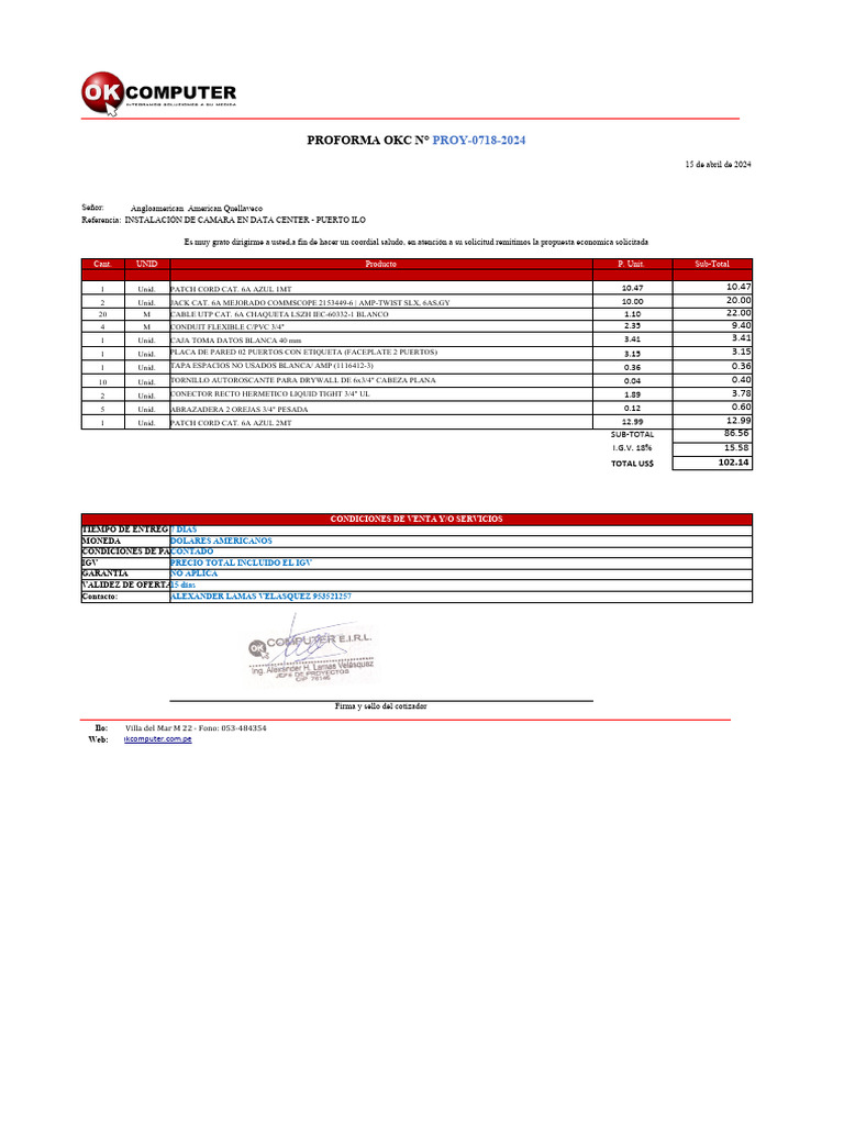 Proforma Proy-0718-2024 - Instalación de Camara en Data Center - Puerto Ilo | PDF
