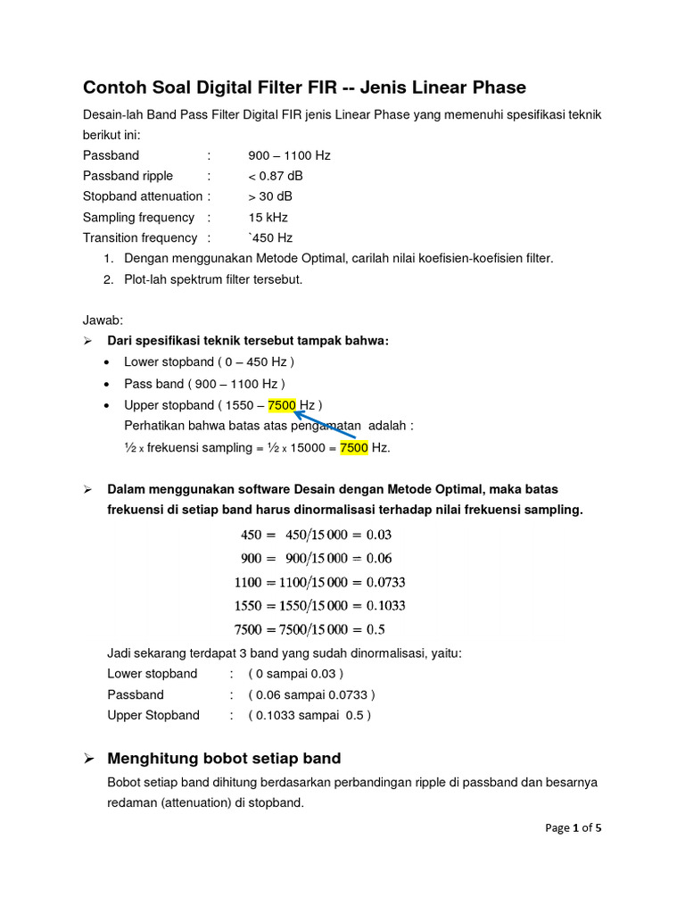 Contoh Soal Desain Band Pass Filter Digital FIR Dengan Metode Optimal | PDF