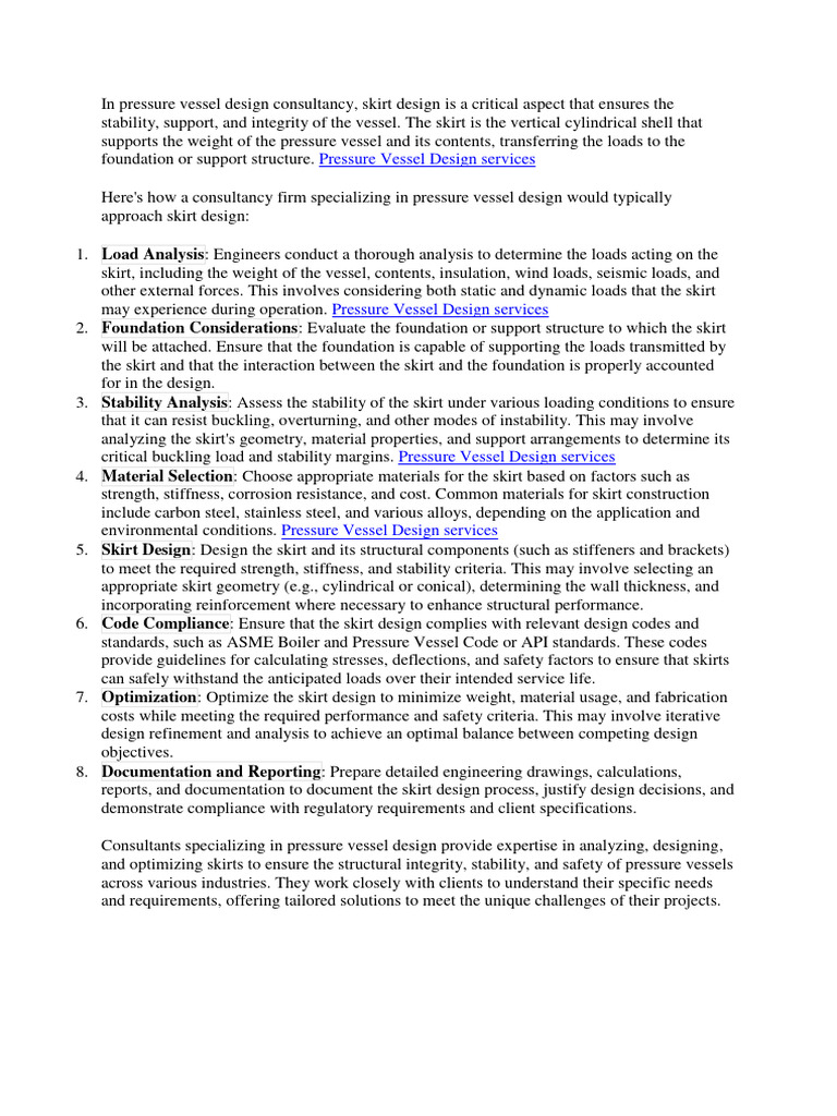 Pressure Vessel Design Services Skirt Design | PDF | Structural Load ...