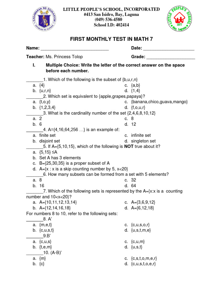 1ST Monthly Test in Math 7 | PDF | Mathematical Objects | Mathematical ...