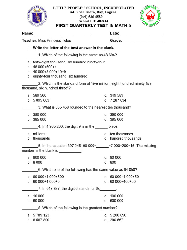 Q1 MATH 5 | PDF | Mathematics