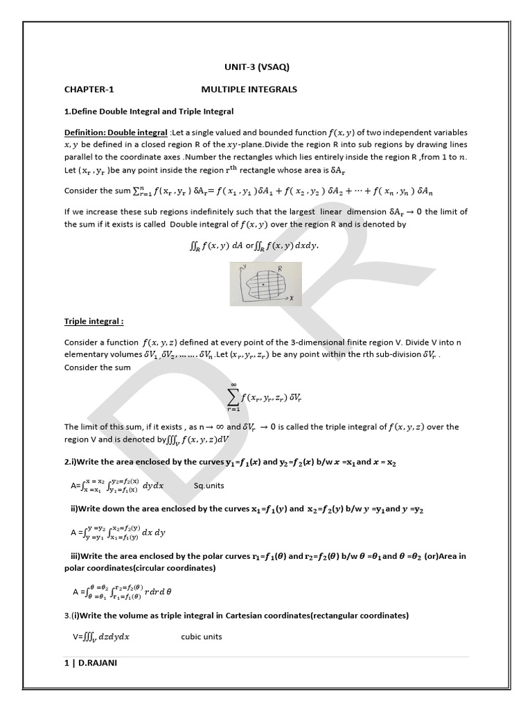 UNIT 3-Multiple Integrals VSAQ | PDF | Integral | Calculus