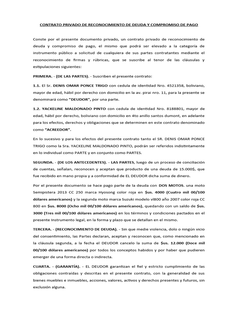 Contrato de Reconocimiento de Deuda | PDF | Pagos | Derecho empresarial