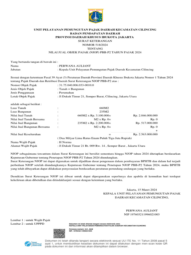 SURAT KETERANGAN NJOP 2024 | PDF