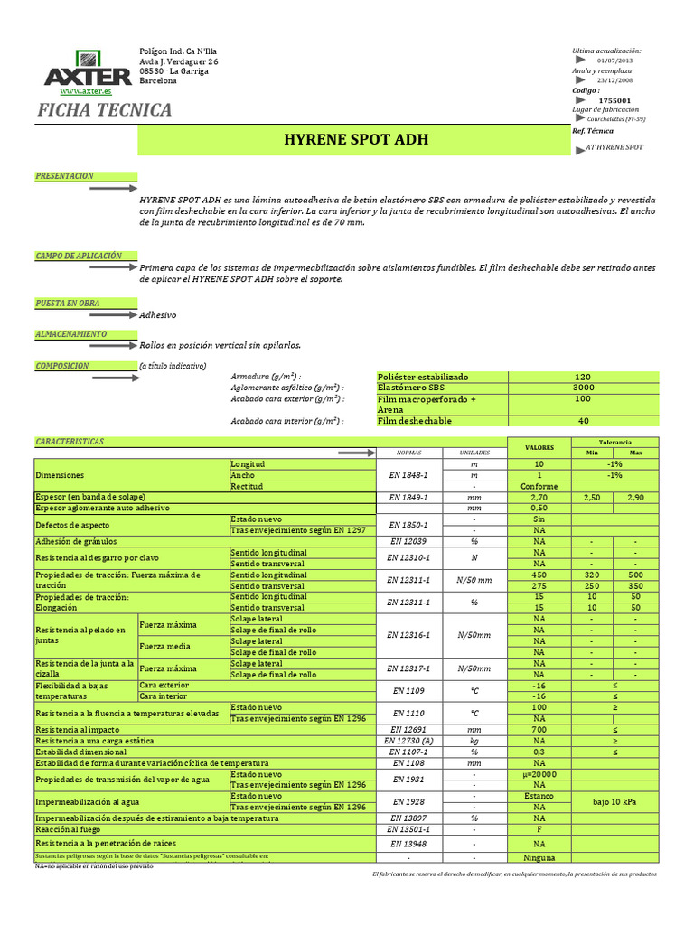 FT HYRENE SPOT Autoadhesiva Axter | PDF | Ingeniería de Edificación | Materiales