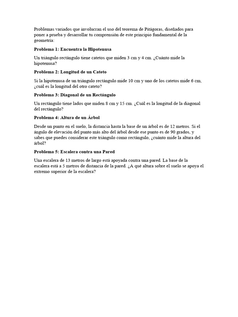 Problemas Variados Que Involucran El Uso Del Teorema de Pitágoras | PDF Problemas Variados Que Involucran El Uso Del Teorema de Pitágoras | PDF